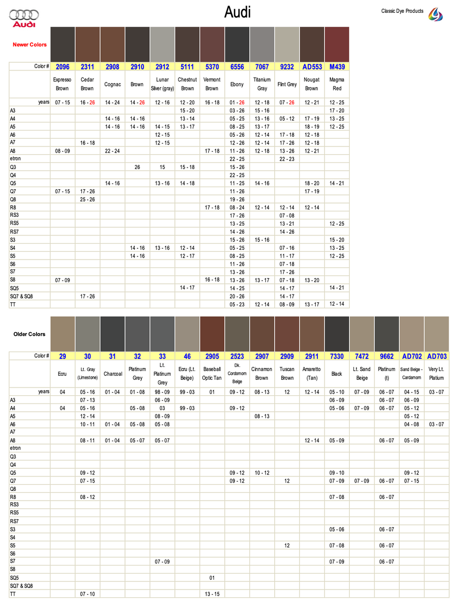 Audi Auto Leather Vinyl Dye, Interior Colors - Classic Dye Products ...