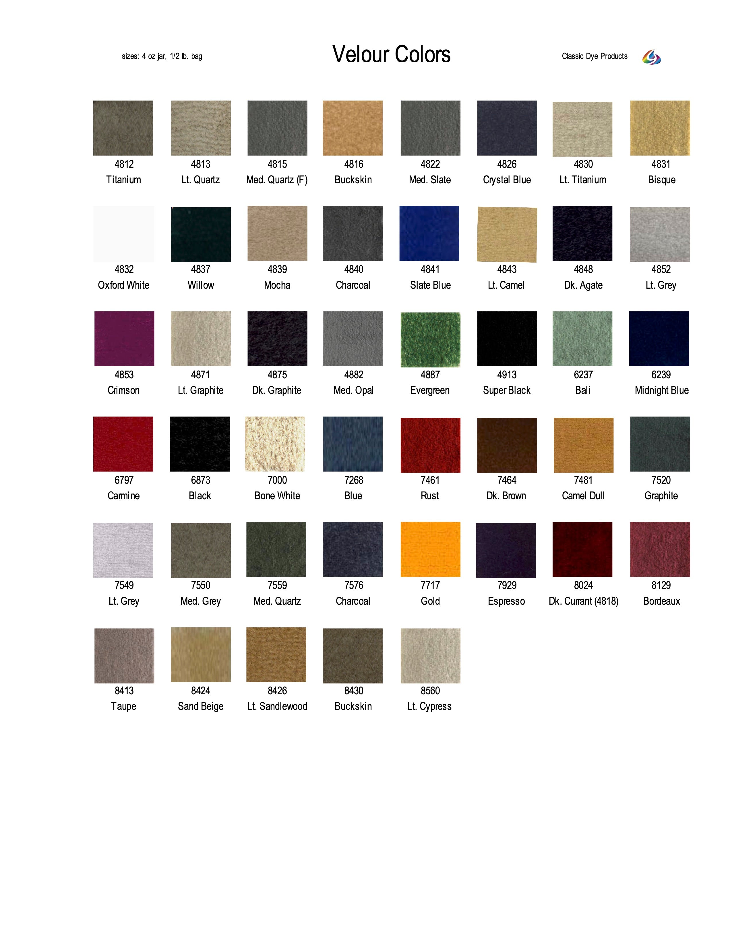 VCC - Velour Color Chart – Classic Dye Products Inc.